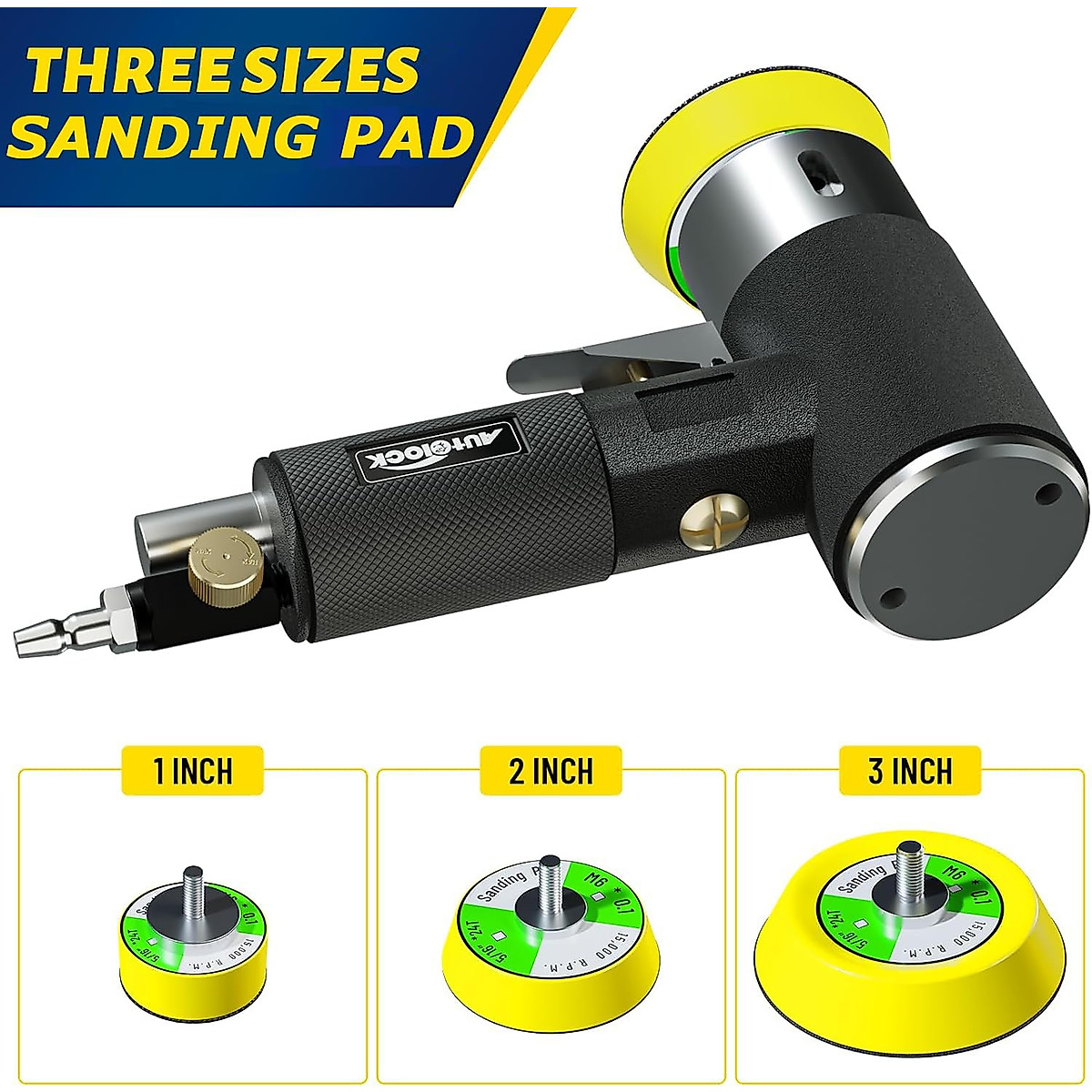 Autolock Mini Air Sander, 1/2/3 Inch Random Orbital Air Sander, 16000RPM Mini Pneumatic Sander for Auto Body Work, High Speed Sanders & Polisher with 18 Sandpapers (Black)