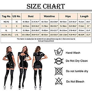 Panegy Women’s Sexy Latex Catsuit Dresses Shiny Mock Neck Front Zipper Mini Dressn Buckle Bodycon Halloween Costume Dress Party Black X Large