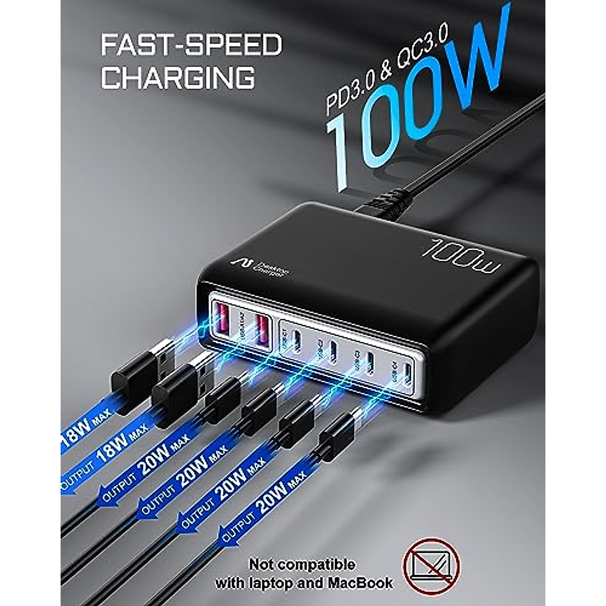 USB C Charging Station, 100W GaN 6 Port Charging Hub for Multiple Devices with PD3.0 and QC3.0 Fast Charging Stock, Power Strip for iPhone, iPad Air/Pro, Galaxy- Black
