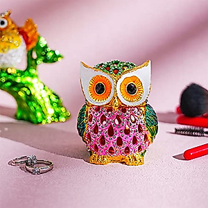 YU FENG 2.9inch Hollow Owl Trinket Box Hinged Hand-painted Enamel Jewelry Organizer with Crystals Ring Earrings Storage Novelty Animal Figurine Collectible