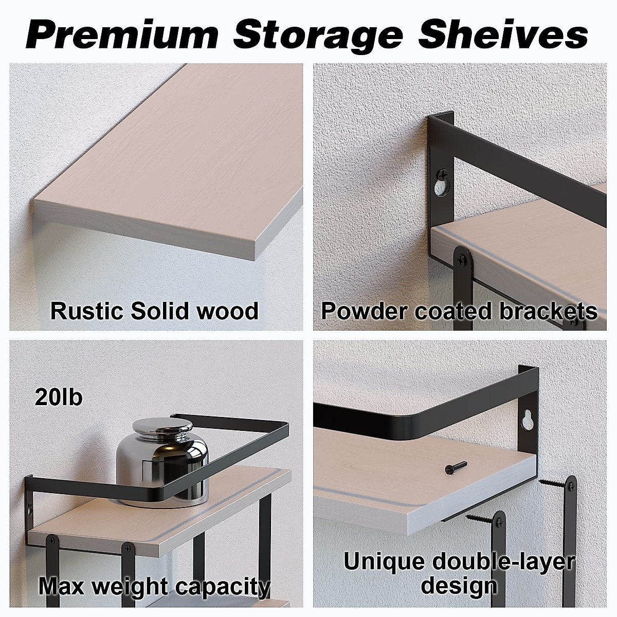 RICHER HOUSE 2+1 Tier Wall Mounted Floating Shelves Set of 2, Rustic Wood Wall Shelf with Metal Frame, Extra Storage Rack for Bathroom, Kitchen, Bedroom with Tissue Rack & Towel Bar - White