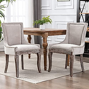 Kiztir Upholstered Dining Chairs Set of 2, Farmhouse Dining Chairs with Solid Wood Legs, Nailhead Trim, Tufted Dining Chair for Kitchen/Living Room/Bedroom (Beige)