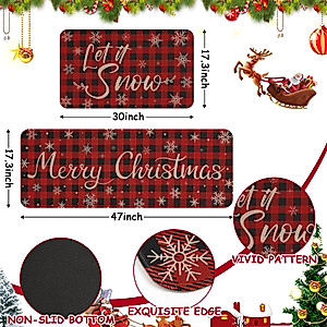 Alishomtll Christmas Kitchen Mats for Floor 2 Pieces, Non Slip Absorbent Kitchen Rugs Washable for Christmas Decor, Red Checkered Christmas Door Mat and Rug, 17''x47''+17''x29''