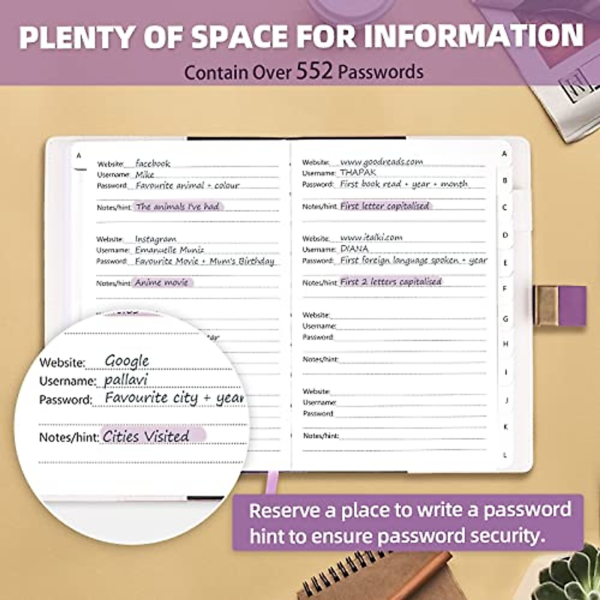 Password Book with Lock, Password Keeper with Alphabetical Tabs, Password Organizer for Computer and Internet Address Website Login, Gifts for Home and Office, 5.6''x 8''-Brown