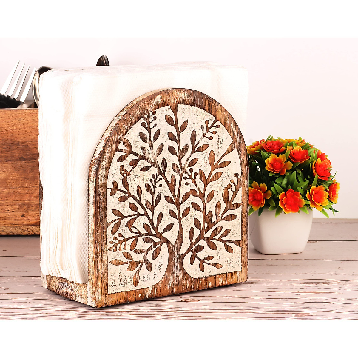 Wooden White Wash Tree of Life Tissue Paper Holder with Full Size Decorative Napkin Stand Tissue Paper Organizer for Home & Kitchen Dining Table Stand