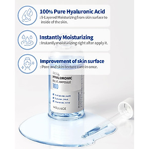 WELLAGE Real Hyaluronic Blue Ampoule 100, Fragrance Free Hyaluronic Acid Ampoule, Hydrating Non Sticky Serum for Sensitive Dry Skin, 2.54 fl.oz