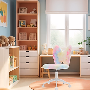 HONIFUR Kids Desk Chair, Adjustable Comfy Swivel Computer Chair with Wheels for Kids & Fuzzy Butterfly Shaped Back, Cute Girls Students Vanity Chair for Bedroom/Study