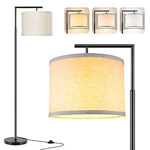 ROTTOGOON Floor Lamp for Living Room with 3-Color Temperature 9W LED Bulb, Modern Standing Lamp with Linen Beige Shade & Foot Switch, Tall Pole Lamp for Bedroom, Study Room, Office, Kids Room (Black)