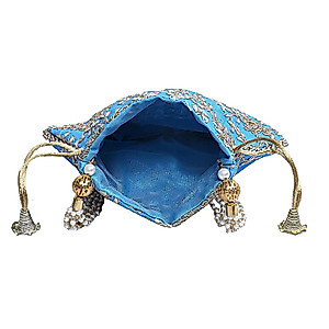 Potli Bag for Women Purse Clutch Pearls Handle Embroidered Silk Batwa With Intricate Gold Thread & Sequin (H*L:9 * 9.5(Inch),(23x24(CM),(Handle Dm:- H*L(cm) 20 * 14) (Sky Blue)