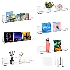 Oungy 6 PCS 15 Inch Clear Acrylic Shelves for Wall Floating Shelves Wall Mounted Invisible Wall Ledge Shelf Wall Bookshelves Clear Storage Shelves for Bedroom Bathroom Living Room