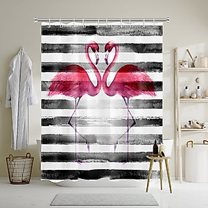 LB Cute Pink Flamingo Shower Curtain Black and White Striped Shower Curtain Set Simple Geometric Shower Curtains for Bathroom with Hooks,Waterproof Fabric 60x72inch