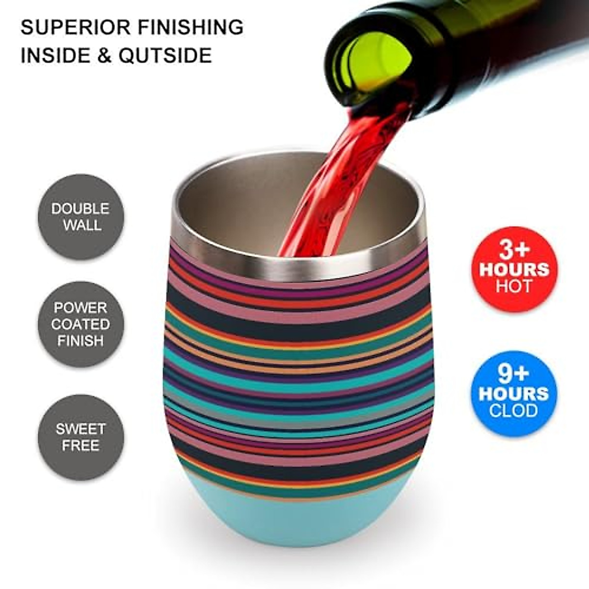 WYUSPGK 304 Stainless Steel Insulated Cup, Tricolor Stripes Print Smooth Rim, Durable & Reusable - Perfect for Office, Home, And Travel