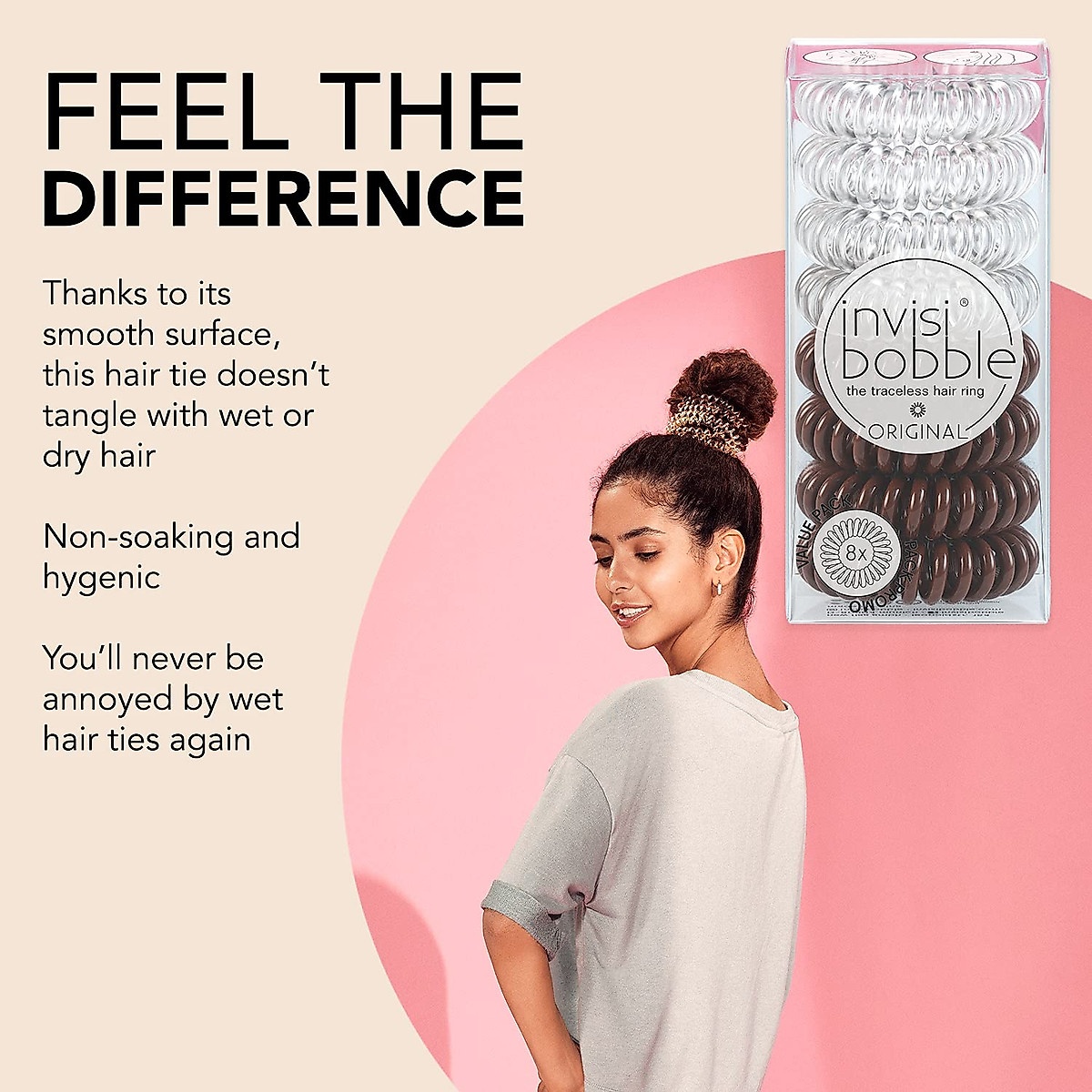 invisibobble Original Traceless Spiral Hair Ties - Pack of 8, Crystal Clear and Pretzel Brown - Strong Elastic Grip Coil Accessories for Women - Non Soaking - Gentle for Girls Teens and Thick Hair