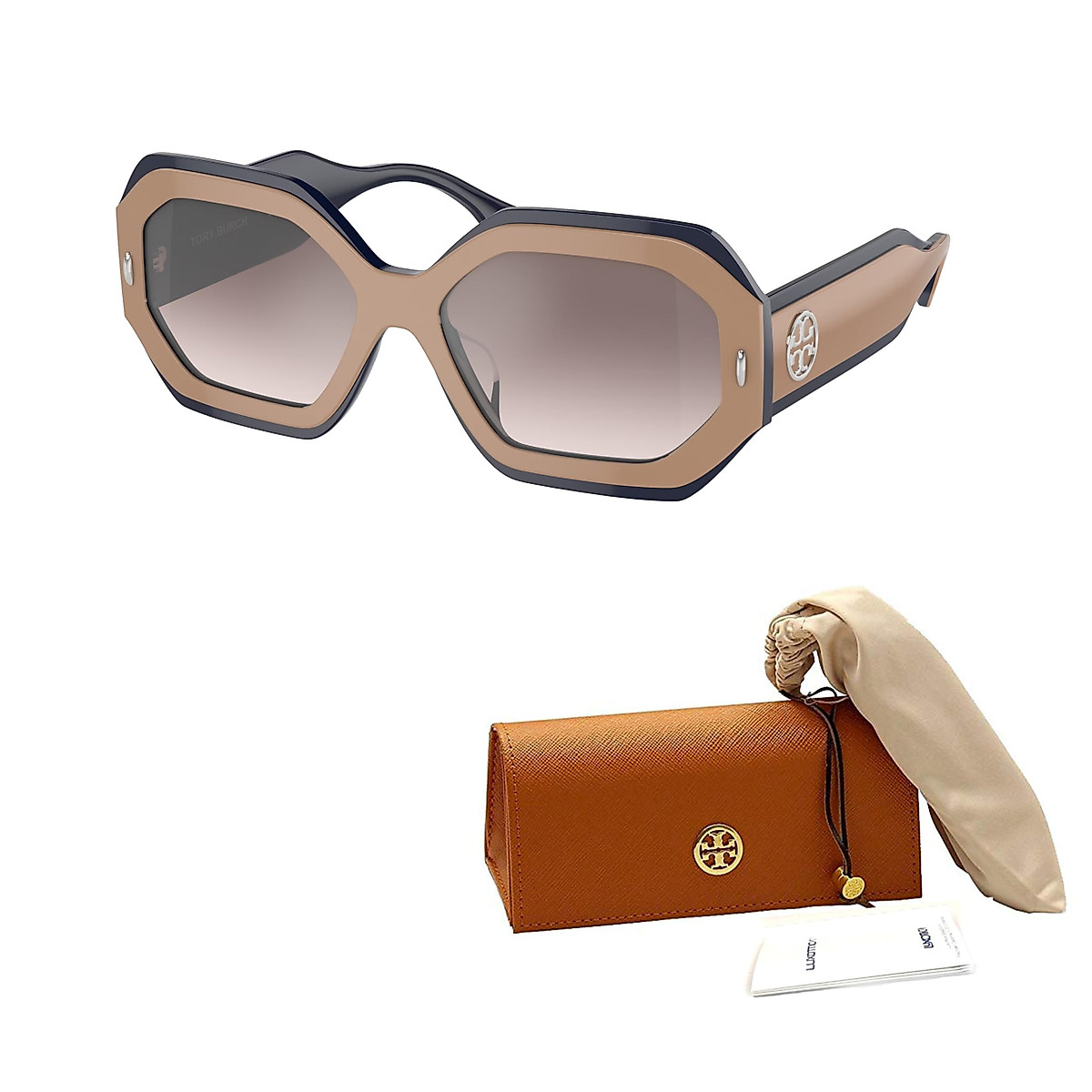 Tory Burch TY7192U 19396I 55MM Navy Beige/Clear Gradient Grey Mirror Silver Hexagonal Sunglasses for Women + BUNDLE With Deisgner iWear Complimentary Eyewear Kit