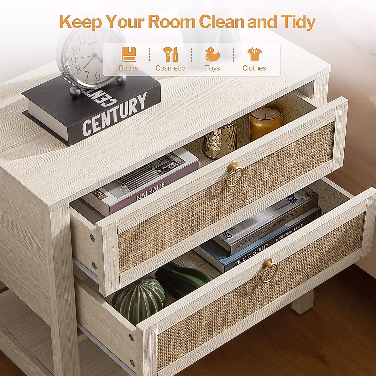 SICOTAS White Night Stand Set of 2, Large Nightstand with Drawers and Storage Shelf - Rattan Boho Bedside Table Narrow Side Table for Bedroom, Small Space