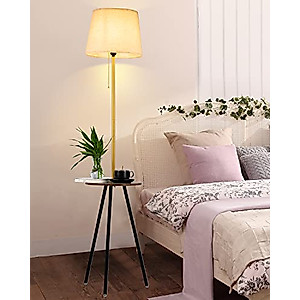 Floor Lamp with Shelves,Round Shelf Floor Lamps with E26 LED Bulb,Foot Switch Storage Wood Texture Modern Floor Lamp with Linen Shade,Display Standing Lamp for Living Room, Bedroom-Wooden