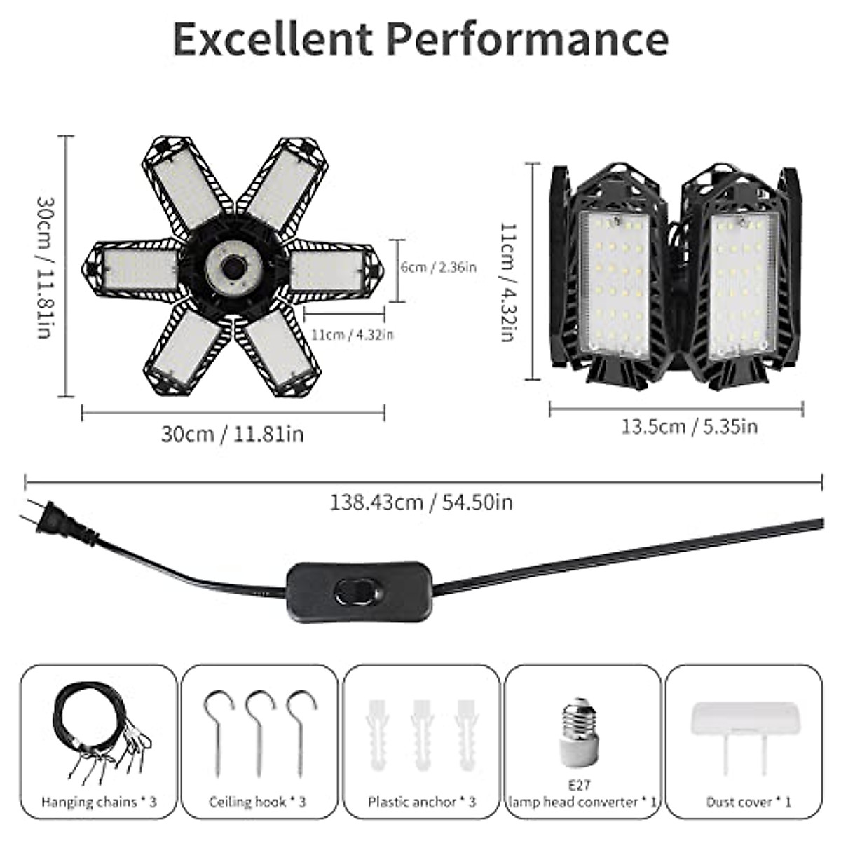 LED Garage Light with 6 Adjustable Panels, 16000 LM Plug in Linkable LED Shop Light, 160W 6500K Deformable Garage Lights Ceiling Led Light Fixtures with Built-in ON/Off Switch(1 Pack)