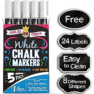 CHALKY CROWN Liquid Chalk Marker Pen - White Drawing Chalk - Chalk Markers for Chalkboard Signs, Windows, Blackboard, Glass - 6mm Reversible Tip (5 Pack) - 24 Chalkboard Labels Included