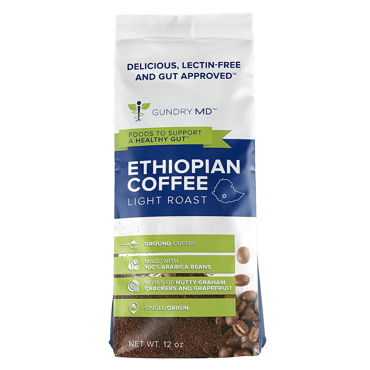 Gundry MD Single Origin Light Roast Ethiopian Ground Coffee, 100% Arabica Beans, 12 Ounce