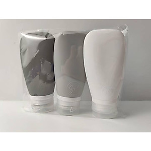 LYOB Travel Bottles for Toiletries, TSA Approved 3oz Leak Proof Silicone Refillable Squeeze Travel Size Containers BPA Free for Cleansers, Lotions, Shampoo 3-pk (Black-Gray-White)