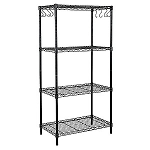 EFINE 4-Shelf Shelving Unit with 8 Hooks, Adjustable, Carbon Steel Wire Shelves, 150lbs Loading Capacity Per Shelf, Units and Storage for Kitchen Garage (23.6W x 14D 47H) Black, S100-4B, 1-Pack