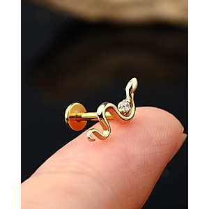 Jewseen 14K Solid Gold Snake Cartilage Earring 16g Flat Back Stud Helix Piercing Jewelry Tragus Earring Conch Stud Titanium Labret Post Lip Ring Nose Stud for Women Men