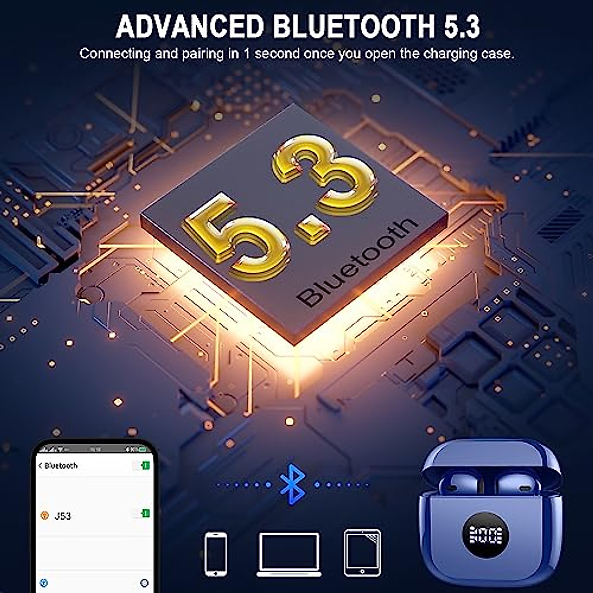 Wireless Earbuds, Bluetooth 5.3 Ear Buds LED Power Display Headphones Bass Stereo, Bluetooth Earbuds in-Ear Noise Cancelling Mic, 40H Playback Mini Case IP7 Waterproof Sports Earphones for Android iOS