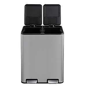 GarveeHome 60 Liter / 16 Gallon Rectangular Hands-Free Dual Compartment Recycling Kitchen Step Trash Can with Soft-Close Lid, 2 Plastic Inner Buckets and Hinged Lids, Brushed Stainless Steel