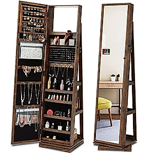 ACIPENSER 360° Rotating Jewelry Armoire, Lockable Jewelry Cabinet Organizer Standing w/Full Length Mirror, Large Storage Capacity, Built-in Makeup Mirror & 3-Tier Rear Storage Shelves, Rustic Brown