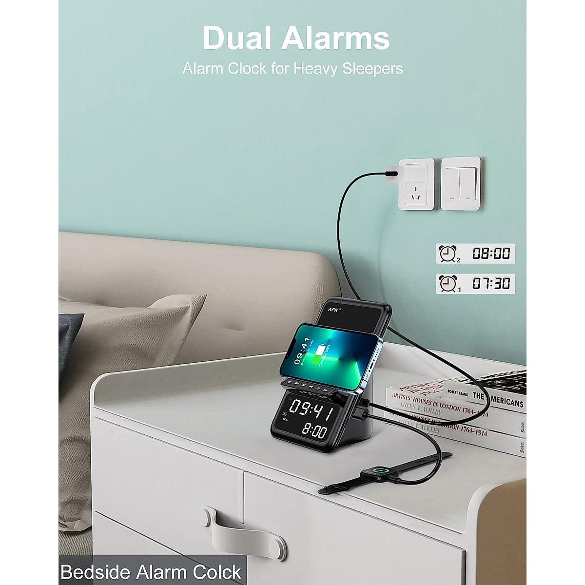 AFK Wireless Charging Station with Bluetooth Speaker and Alarm Clock, 4 in 1 Wireless Charger Compatible with iPhone15 14 13 12 11 Pro Max Series,Samsung Series and Other Android Phones(Black)