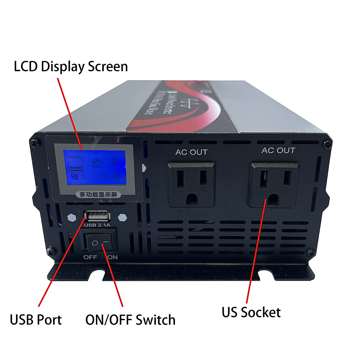 KRXNY 2500W Off Grid Pure Sine Wave Power Inverter 48V DC to 110V 120V AC 60HZ with USB Port LCD Display for Home Solar/RV