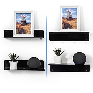 OAPRIRE Black Acrylic Floating Shelves Set of 2 - Damage Free Expand Wall Space - 12 Inch Wall Shelves with Strong Adhesive for Bathroom, Bedroom, etc
