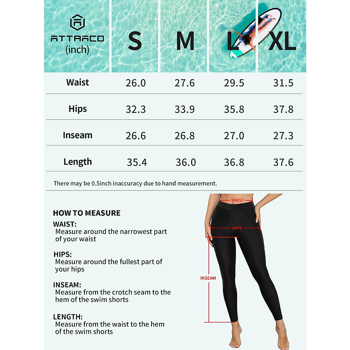 ATTRACO Women Swimming Pants High Waisted Swim Tights Swim Leggings with Pockets Navy L