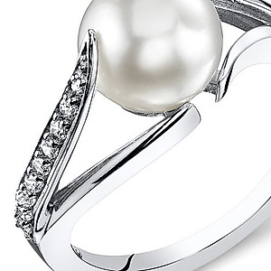 PEORA Freshwater Cultured White Pearl Elegant Solitaire Ring for Women 925 Sterling Silver, 7mm Round Button Shape, Comfort Fit, Size 8
