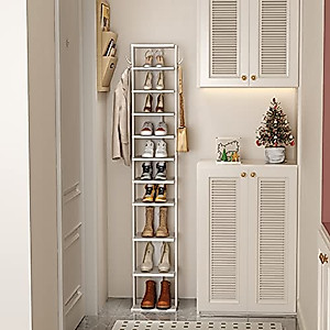HOMEFORT 10-Tier Vertical Shoe Rack, Corner Shoe Tower, Slim Shoe Organizer with Two Hanging Hooks, Wooden Shoe Storage Stand for Entryway, Hallway, Closet (White)