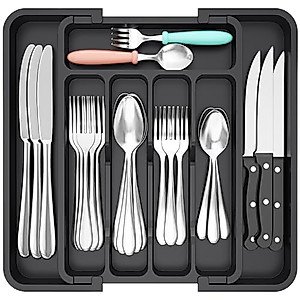 Lifewit Silverware Drawer Organizer, Expandable BPA Free Utensil Tray for Kitchen, Adjustable Flatware and Cutlery Holder for Spoons Forks Knives, Plastic Kitchen Organizers and Storage, Black