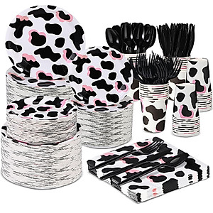 Domensi 350 Pcs Pink Cowgirl Party Supplies Cow Party Tableware Set Serve 50 Cow Print Plates Napkins Cups Cow Theme Party Decoration for Cowgirl Cowboy Farm Animal Cow Theme Birthday Baby Shower