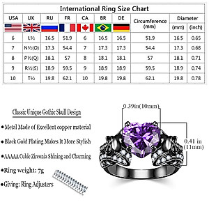 Gothic Jewelry Purple Red Black Crystal Unique Black Skull Rings for Women Halloween Christmas Gifts (Purple, 7)