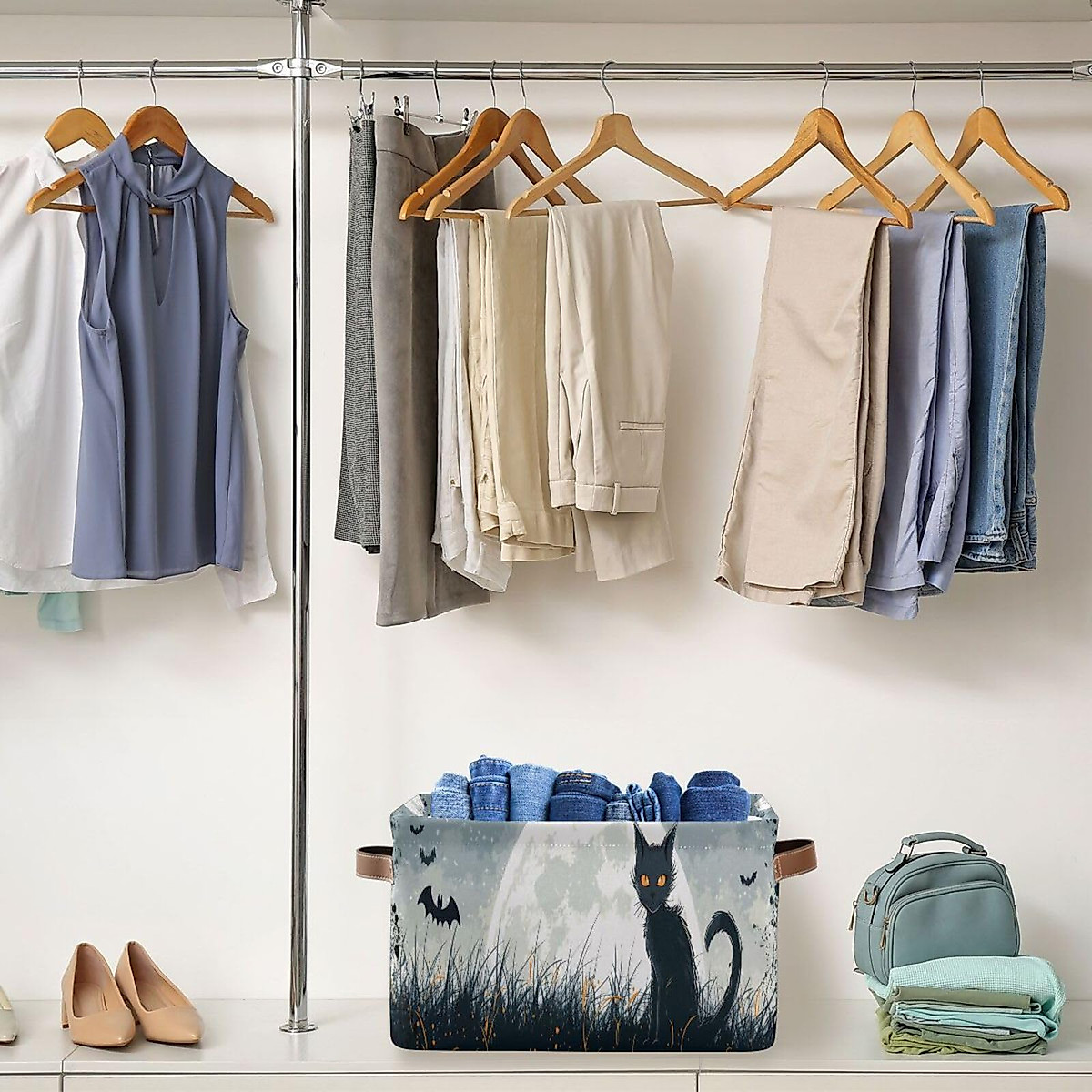 GOODOLD Spooky Black Cat Shelf Storage Baskets, Foldable Fabric Storage Bins with Leather Handles for Closet, Home, Bedroom, Nursery, Office Organizers (1 Pack)