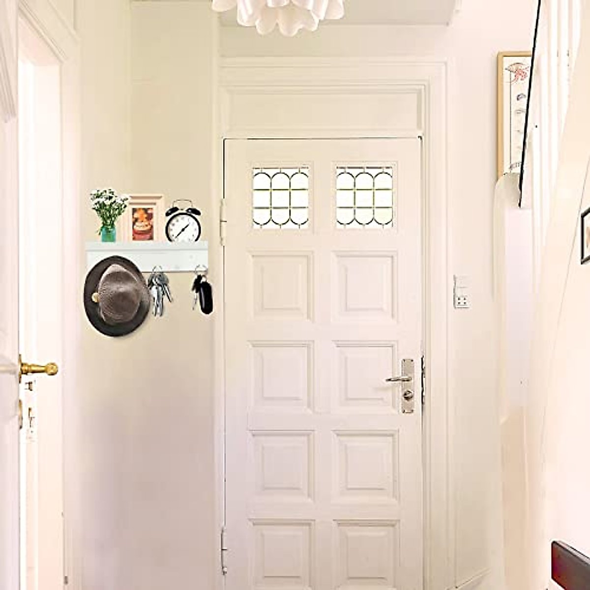 Key Holder for Wall Decorative, Wall Mounted Key Holder with Shelf, Self Adhesive Key Rack with 6 Hooks, Key Hooks for Hanging Keys, Mail Organizer and Key Hanger for Entryway Kitchen Office, White