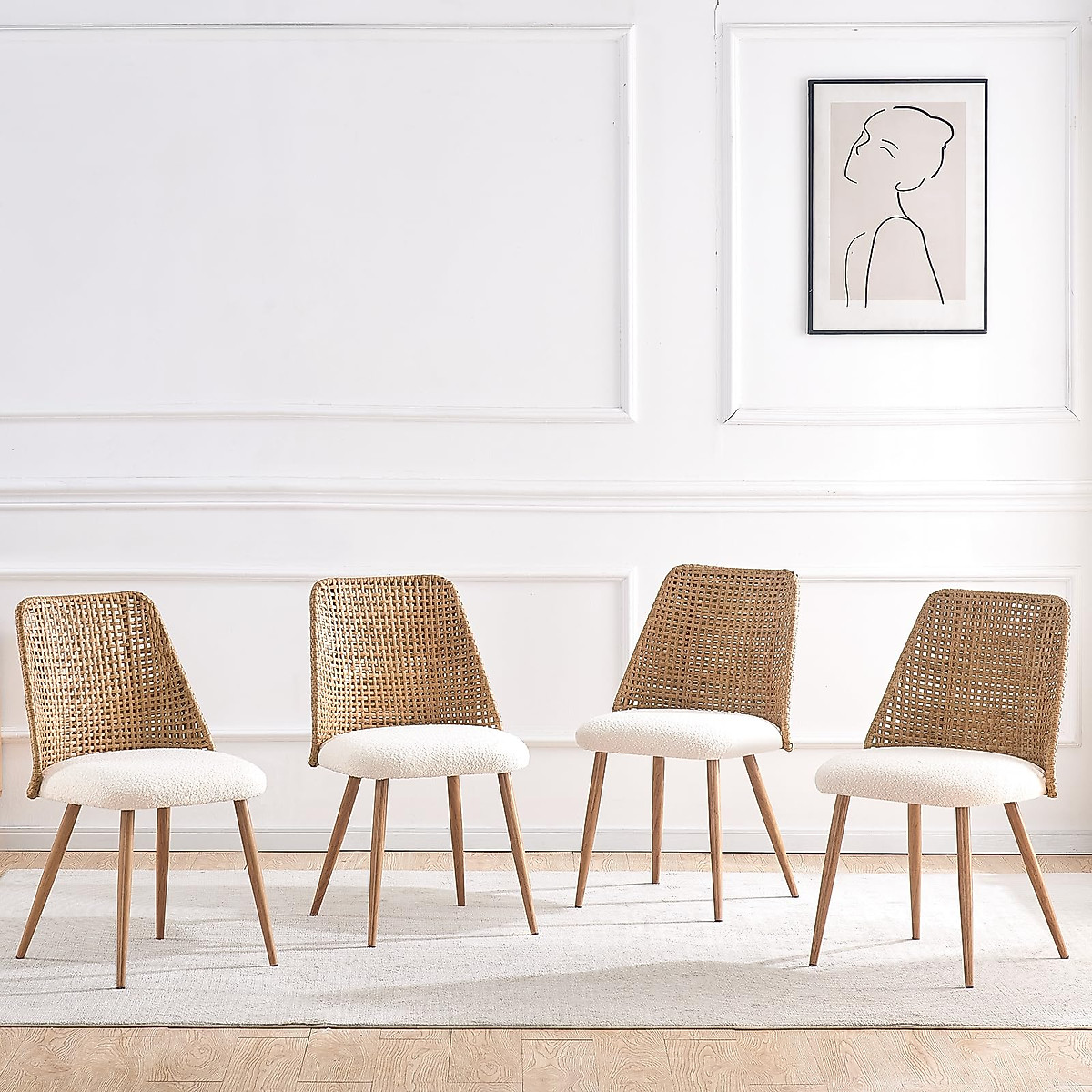 JALOURT Rattan Dining Chairs Set of 4,Accent Upholstered Boucle Kitchen Room Chairs,Mid Century Modern Dining Room Chairs with PE Cane Back and Metal Legs for Kitchen/Restaurant/Dining Room,Brown