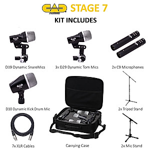 CAD Audio Stage7 Premium 7-Piece Drum Instrument Mic Pack with Vinyl Carrying Case with 2 Mic Stands & 2 Kick Stands and 7 XLR Microphone Cables XLR-M to XLR-F