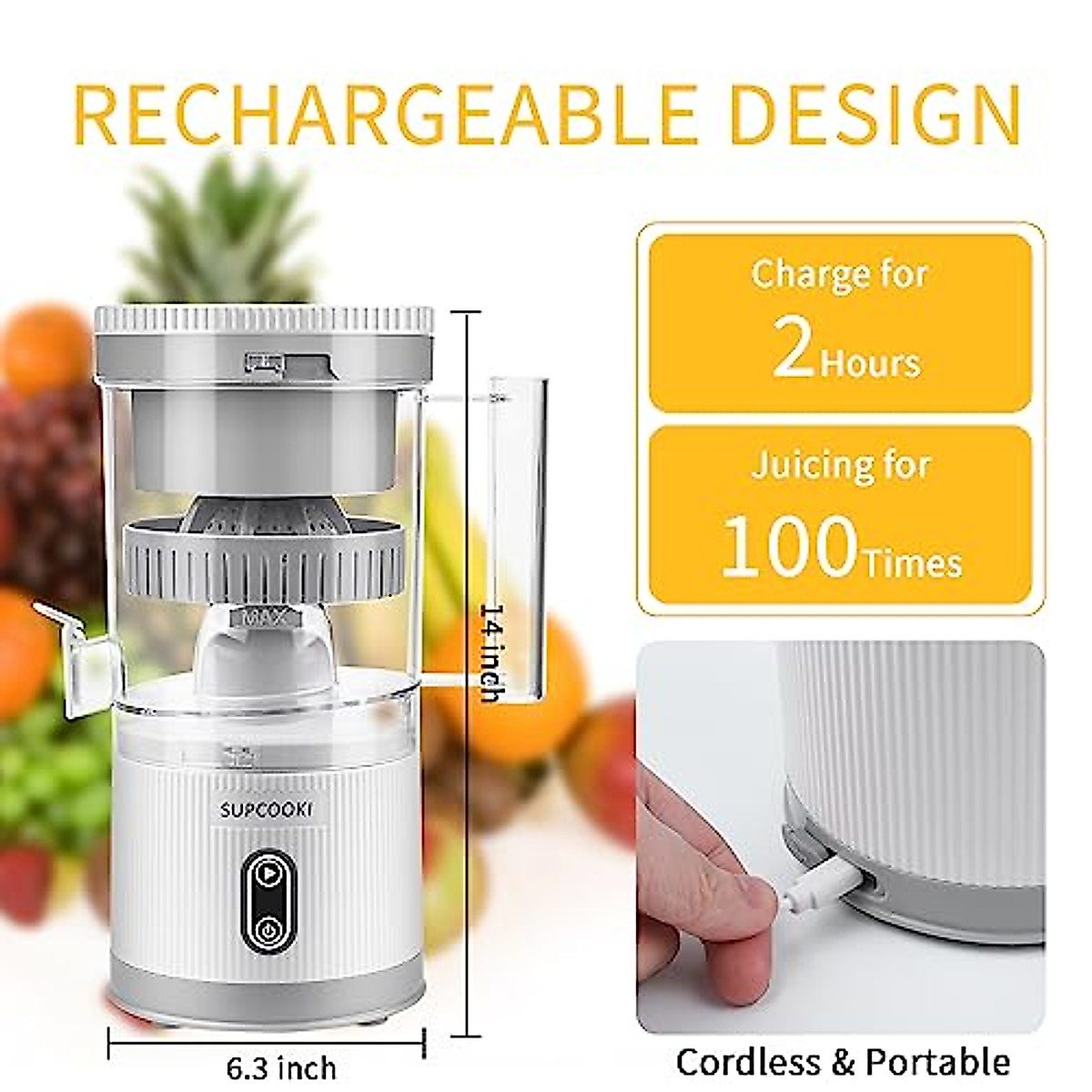 Electric Citrus Juicer - USB Rechargeable Juicer with Cleaning Brush, Orange Lime Lemon Grapefruit Juicer Squeezer, Easy to Clean Portable Juicer Machine