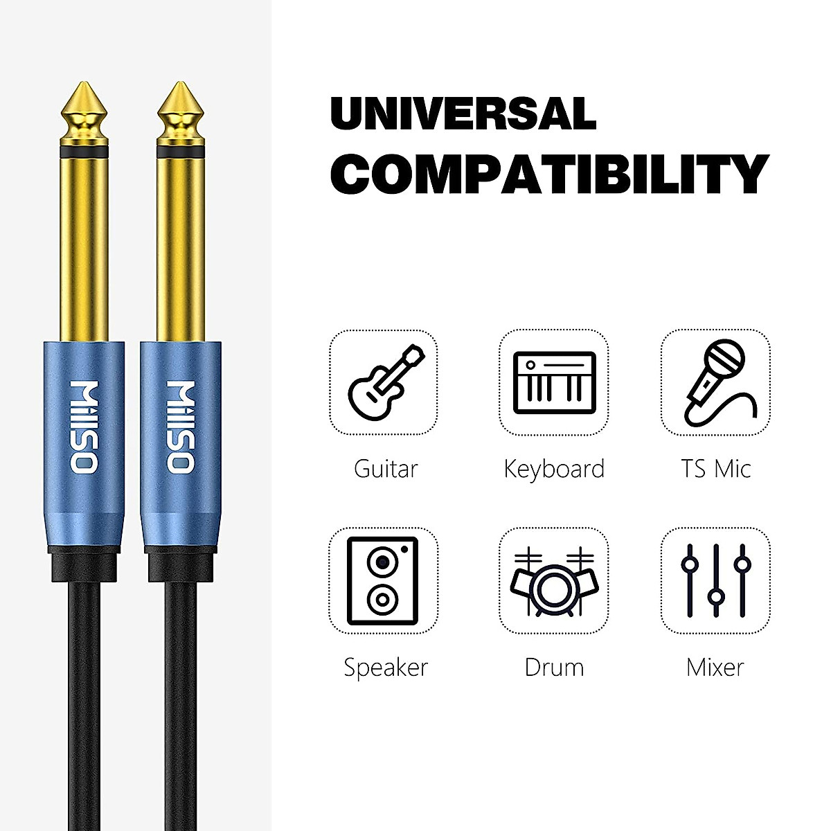 MillSO Guitar Cable 8 ft, TS 1/4 Inch Instrument Cable Straight-Straight 6.35mm Electric Guitar Cord for Bass AMP, Speaker, Patch, Pedal, Keyboard, Mixer, Amplifier - Sapphire Blue