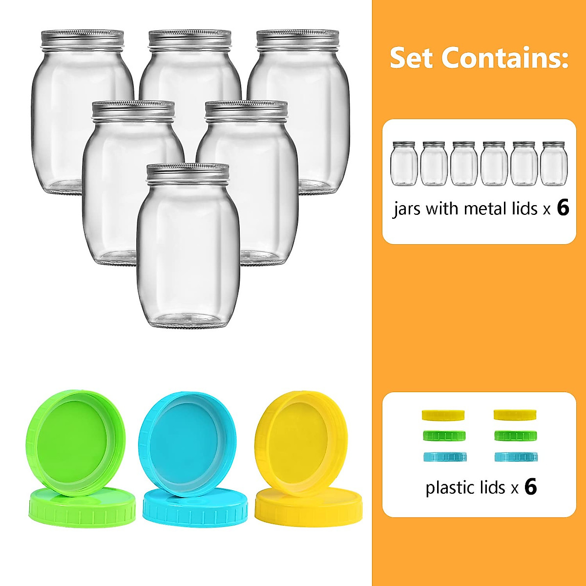 32 oz Wide Mouth Mason Jars with Metal Lids & Plastic Lids, Quart Size Clear Glass Jars for Preserving, Meal Prep, Salad, Canning, Fermenting, Favors, Home Decor, DIY - 6 Pack1 +1