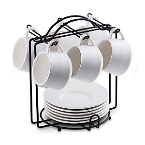 YHOSSEUN Espresso Cups and Saucers with Metal Stand, Porcelain Demitasse Cups Set for Espresso, Latte, Cafe Mocha, Cappuccino and Tea, 3 Ounce, Set of 6, White