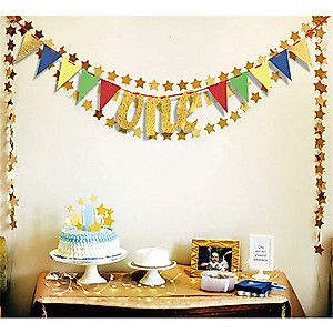 Gold Pink / Silver Blue / Gold Rainbow Burlap 1st First Birthday One Banner, For Baby Shower, Birthday Decoration, Wall Decor (Rainbow Gold)