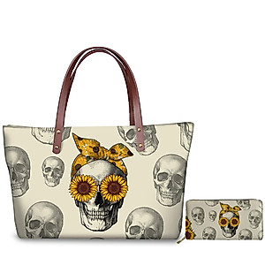 Biyejit Sunflower Skull Tote Bag for Women Girls Casual Top Handle Shoulder Bag Travel Handbag Phone Card Holder Purse Long Wallet for Gift Ladies Bag Sets 2pcs