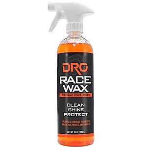 DRO Race Wax 24oz - Non Aerosol - Clean Shine Protect. Leaves a smooth, glossy finish that helps shed tire rubber, dirt and bugs
