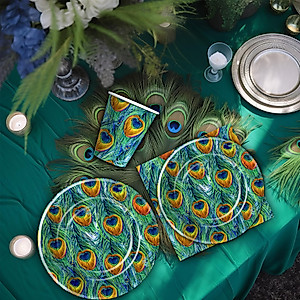 Xenorik Peacock Feather Party Decorations Tableware - Peacock Birthday Party Supplies, Plate, Cup, Napkin, Cutlery, Zoo Bird Peacock Theme Table Decorations For Bridal Baby Shower Wedding | Serve 24
